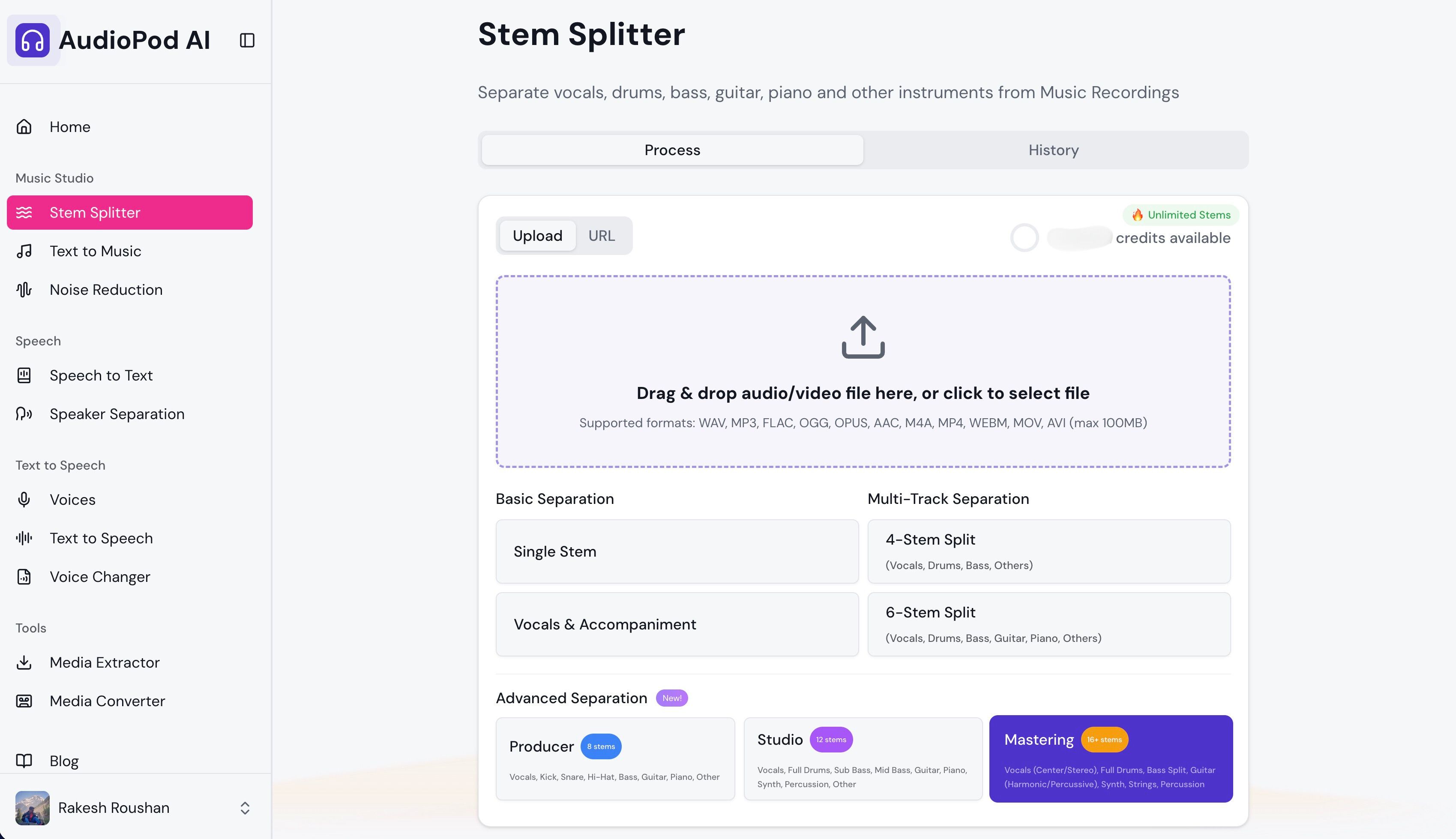 Stem Splitter - Separate Vocals, Drums, Bass from Any Song | AudioPod AI
